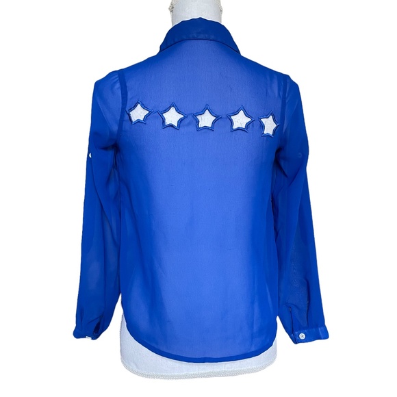 Tops | Star Cutout Blouse Xs Cobalt Blue Semisheer Chiffon Collared ...